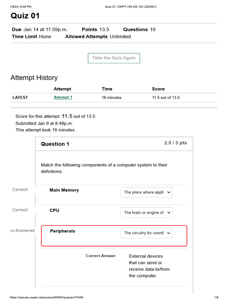 Quiz 01 - CMPT-145 (02, 04) (202401) | PDF