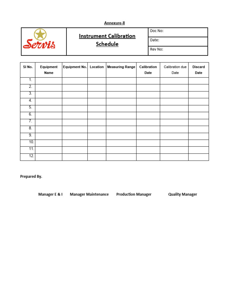 Annexure II Instrument Calibration Schedule | PDF