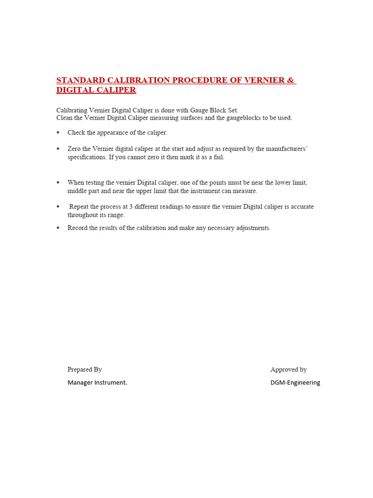 Calibration Procedure of Vernier Digital Caliper | PDF