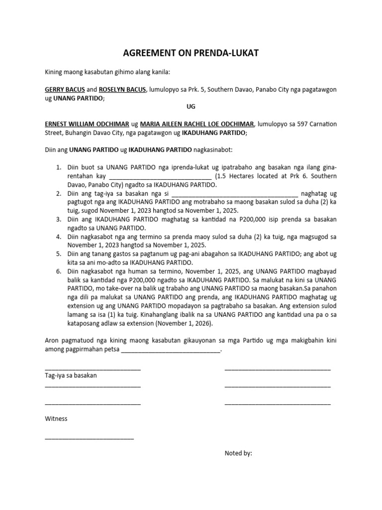 Agreement On Prenda Arendo | PDF