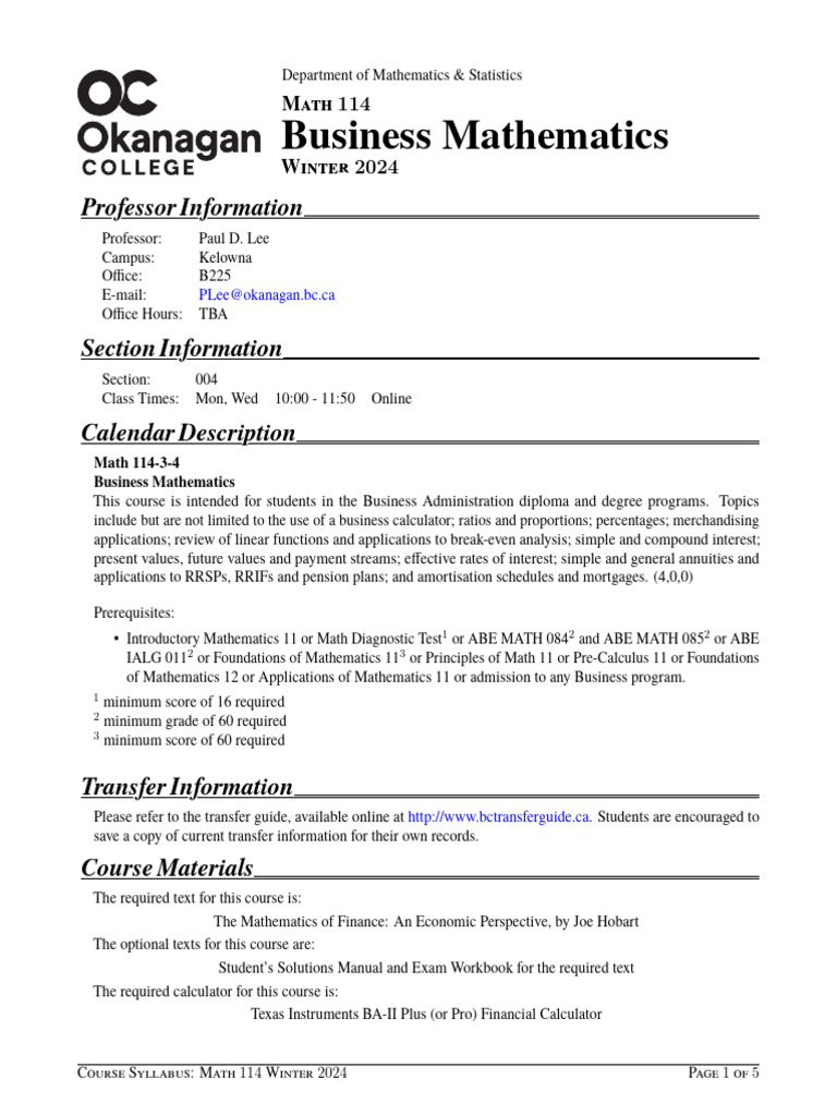 Math 114 004 Course Outline | PDF Math 114 004 Course Outline | PDF