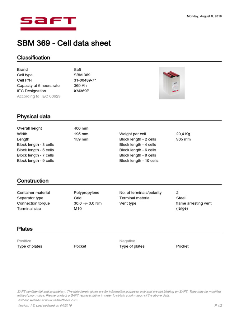 SBM369 - Cell Data Sheet For 48Vdc Systems | PDF