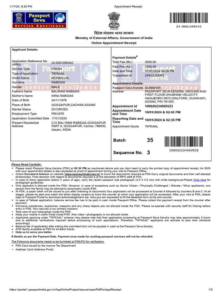 Appointment Receipt | PDF | Identity Document | Birth Certificate