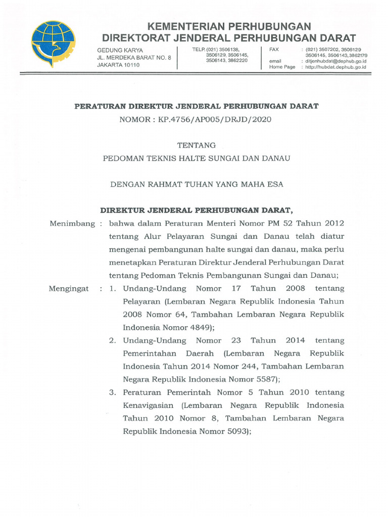 Perdirjen KP 4756 AP005 DRJD 2020 Tentang Pedoman Teknis Halte Sungai Dan Danau | PDF