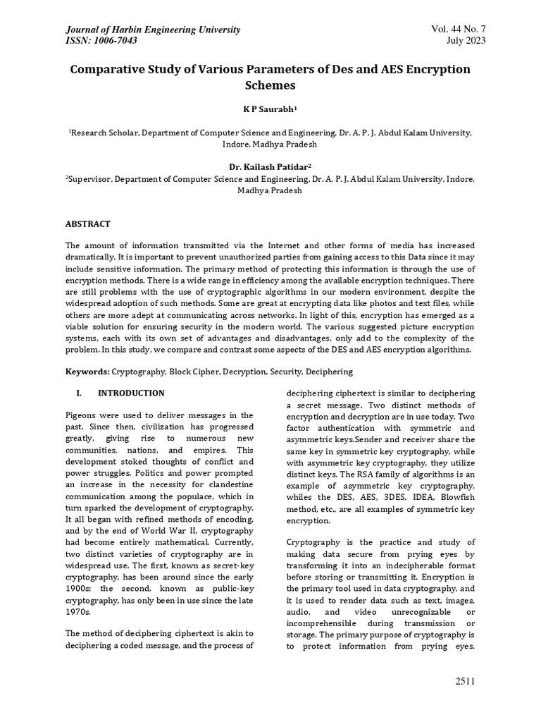 Comparative Study of Various Parameters of Des and AES Encryption Schemes | PDF