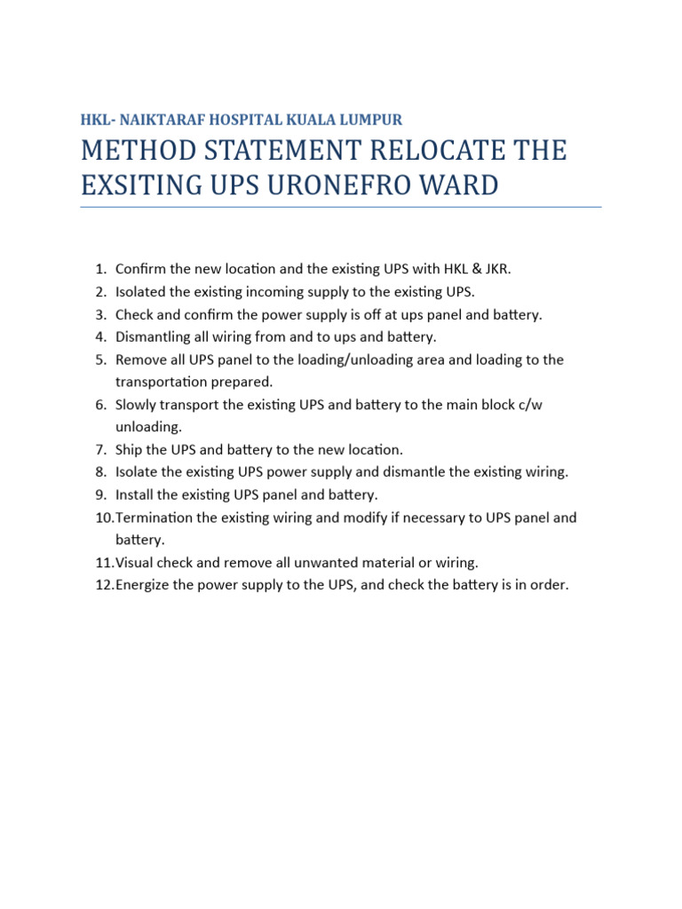 Method Statement - Relocate Existing UPS | PDF