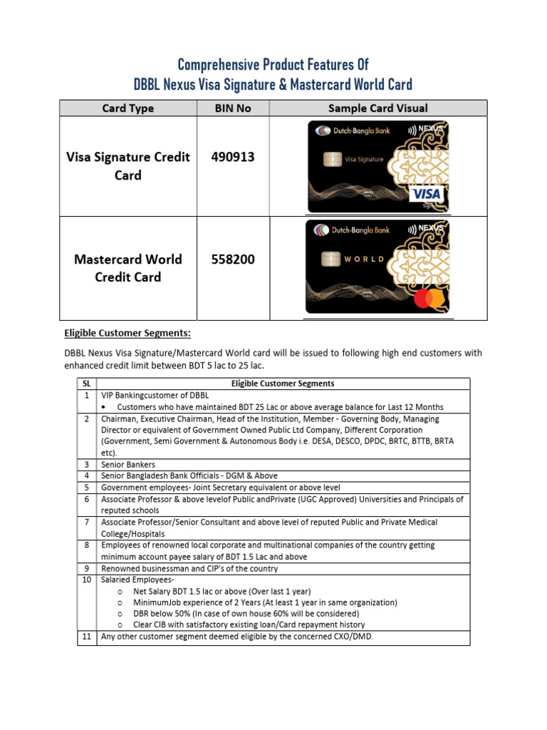 DBBL Nexus Visa & Mastercard Features | PDF | Credit Card | Airport Lounge