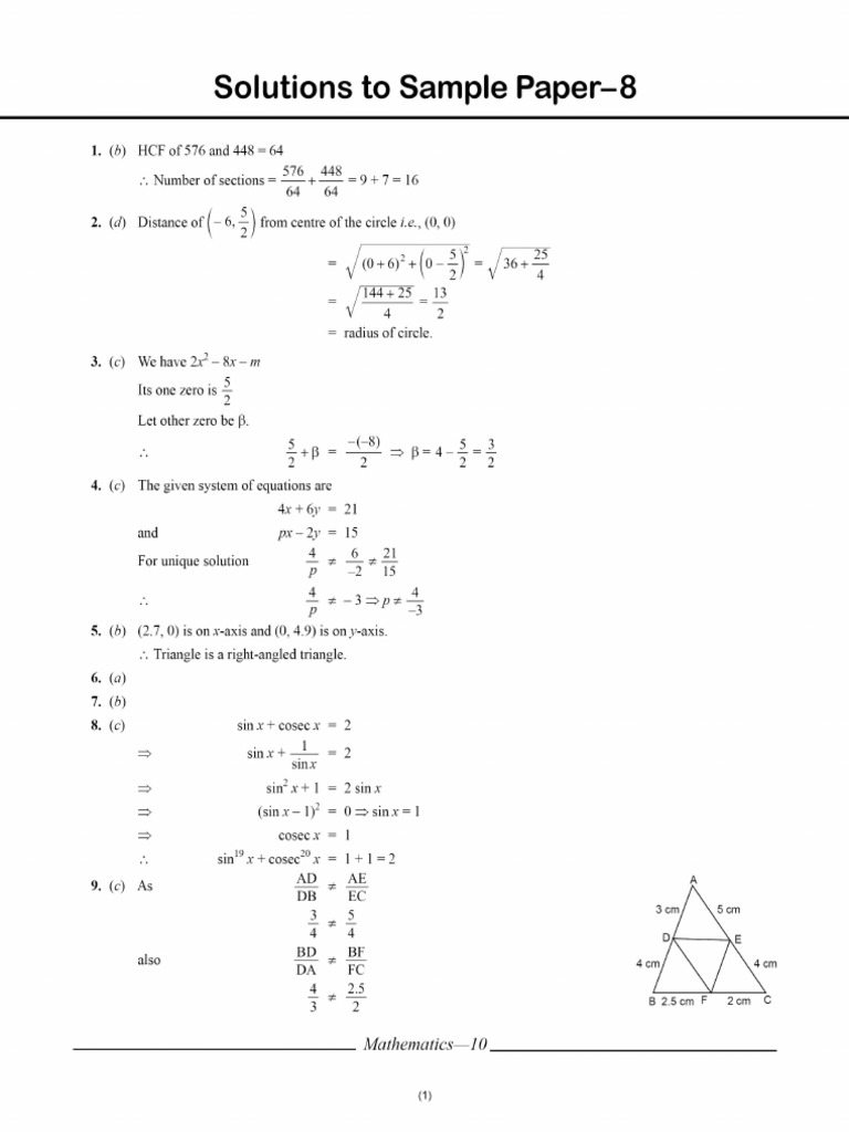 Cbse cl10 Ead Mathematics Answers To Paper 8 | PDF