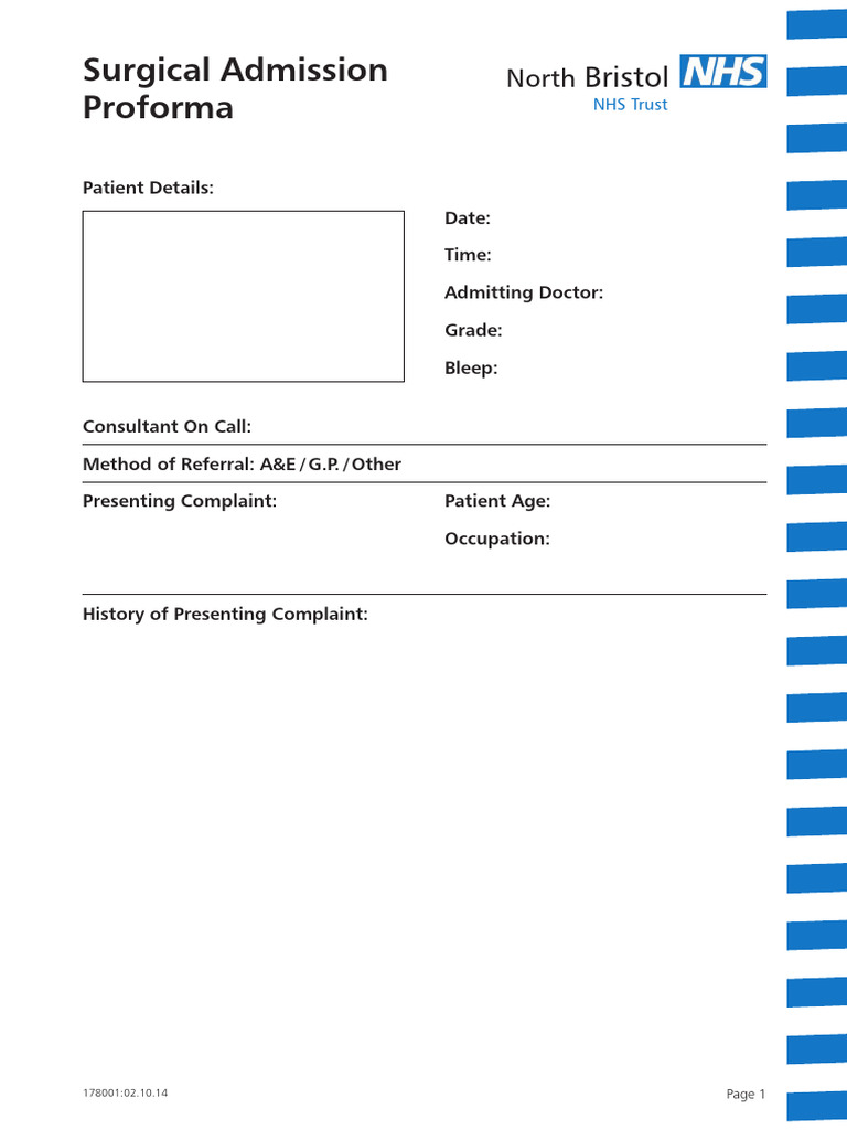 Paper 7 - North Bristol Surgical Admission Proforma | PDF
