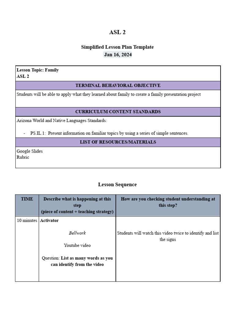 Lesson Plans_ ASL 2 | PDF
