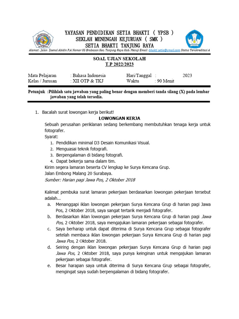 Soal Us Xii Otp Dan Tkj.2023 | PDF | Ilmu Sosial | Kajian Bahasa Asing