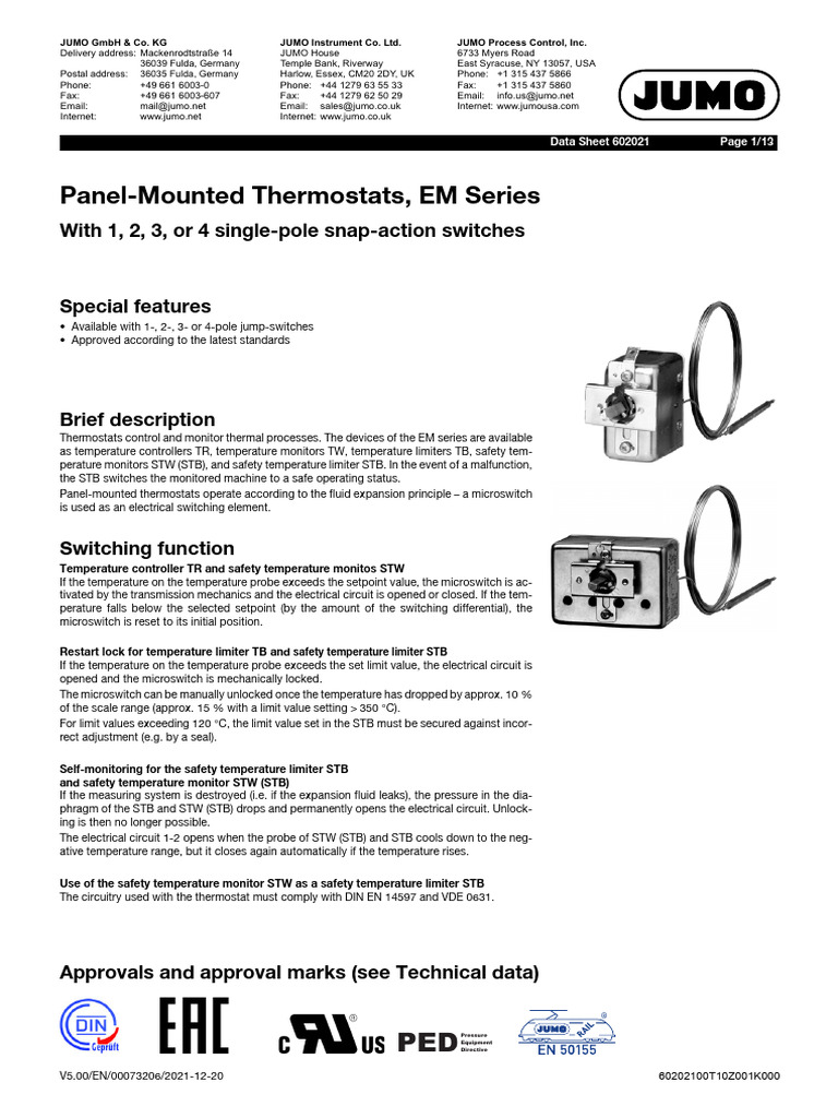 Panel-Mounted Thermostats, EM Series: With 1, 2, 3, or 4 Single-Pole ...