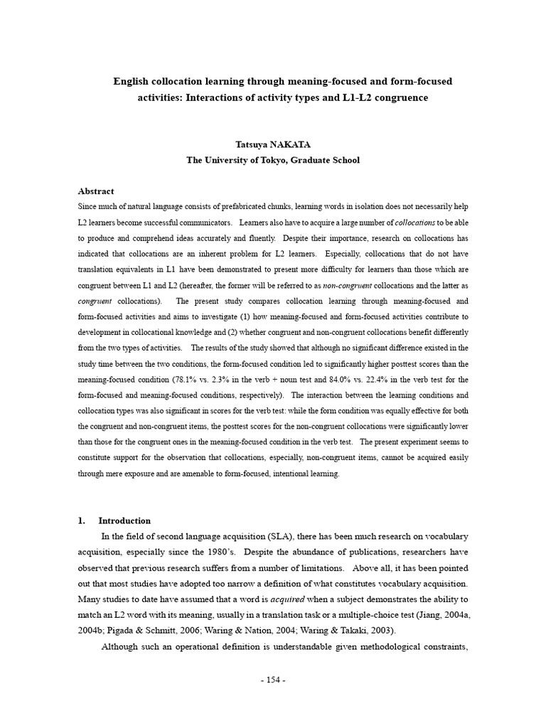 Meaning-Focused and Form-Focused Teaching of Collocations | PDF