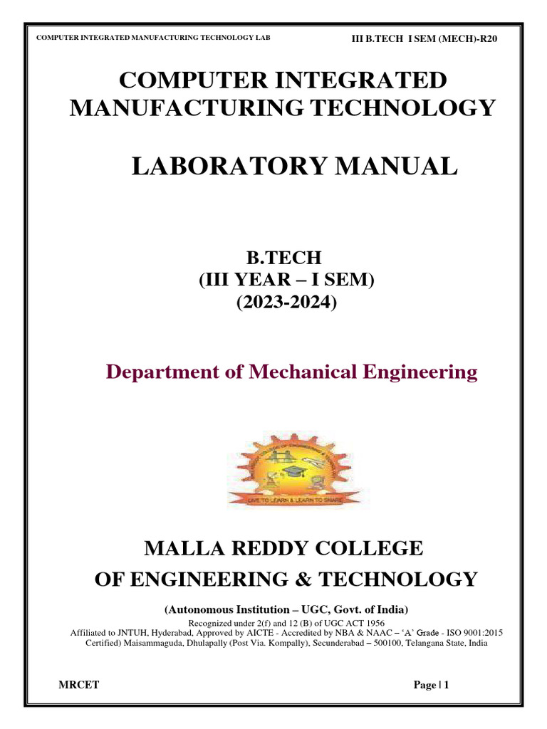Computer Integrated Manufacturing Technology Lab Manual | PDF