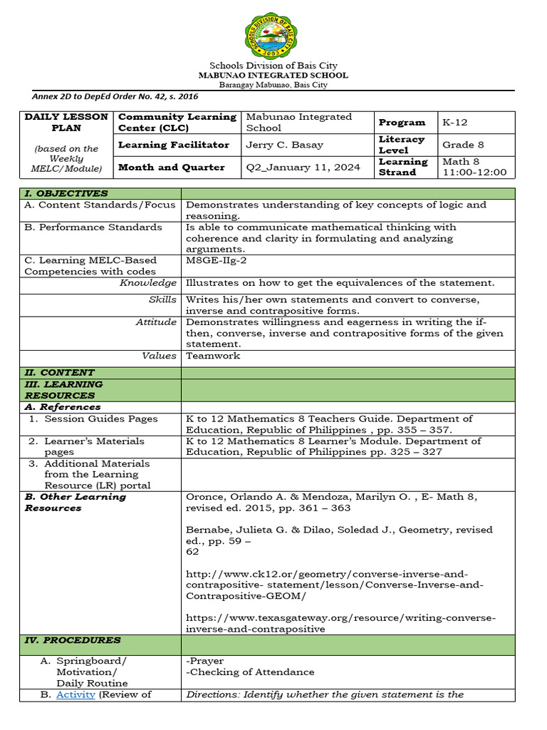 Grade 8 Math Daily Lesson Plan | PDF | Learning | Mathematics