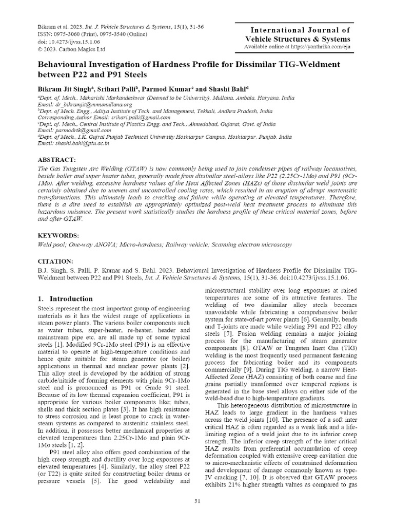 View of Behavioural Investigation of Hardness Profile for Dissimilar TIG-Weldment Between P22 ...
