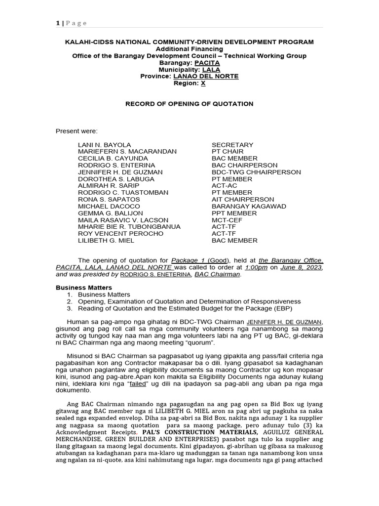 PACITA Record of Opening of Quotation For Works - Barangay Poblacion | PDF