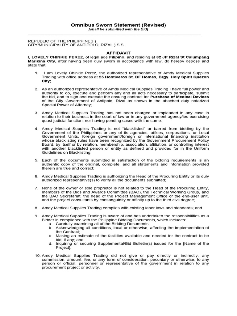 Omnibus Sworn Statement Revised for SOle Proprietorship | PDF