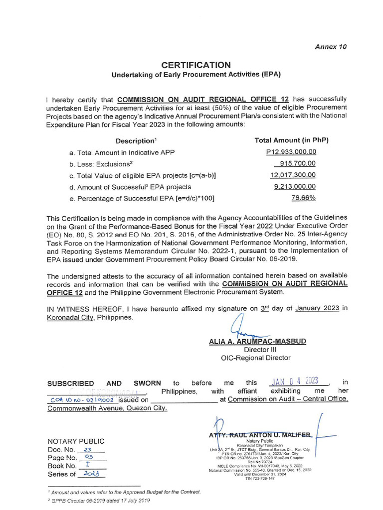 COA-RO12 Certification On Compliance EPA FY 2023 Projects | PDF