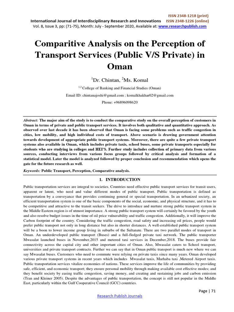 Comparitive Analysis On The Perception of Transport Services (Public V ...