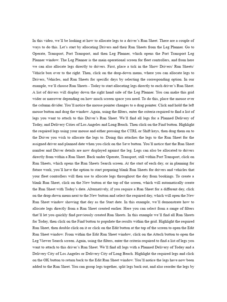 1LOC005 - How Do I Allocate Legs To A Drivers Run Sheet | PDF | Menu ...