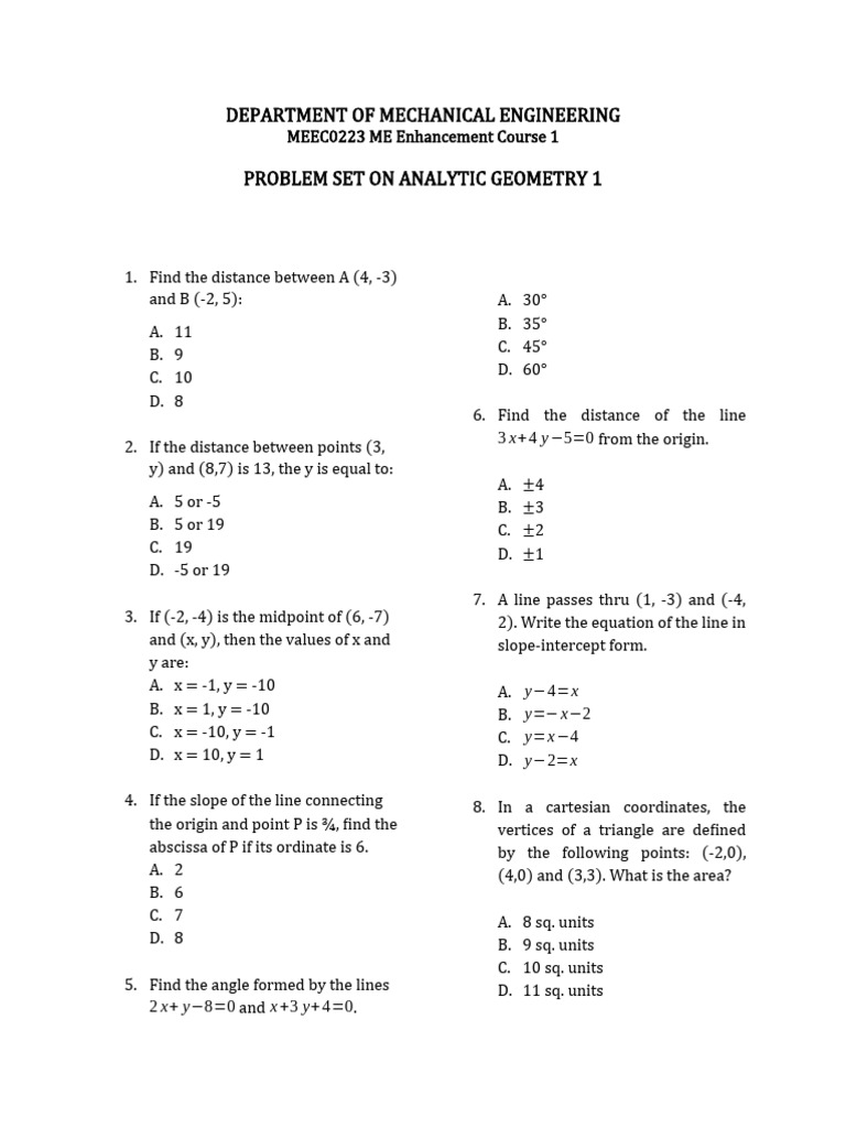 Problem-Set-on-Analytic-Geometry-Part 1 | PDF
