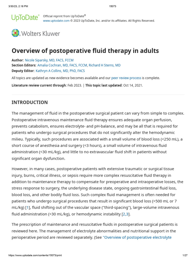 Overview of Postoperative Fluid Therapy in Adults | PDF | Self-Improvement
