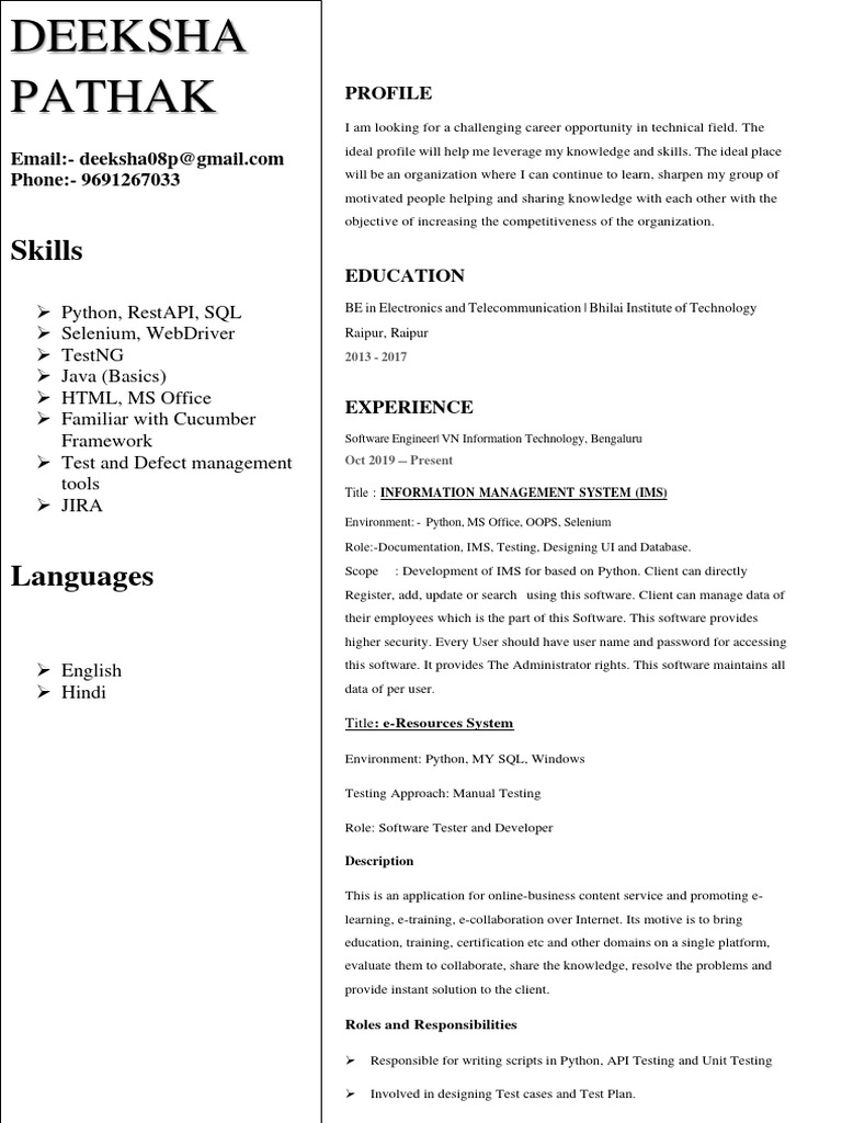 Deeksha CV | Download Free PDF | Selenium (Software) | Software Development