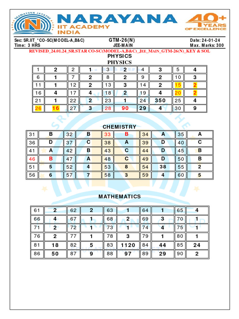 REVISED - 24.01.24 - SR - STAR CO-SC (MODEL-A, B&C) - Jee - Main - GTM-26 (N) - KEY & SOL | PDF