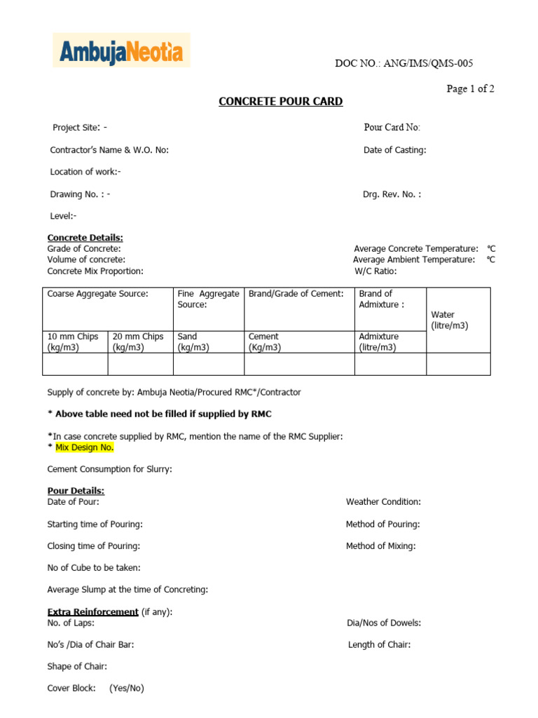 Front Page of Concrete Pour Card | PDF