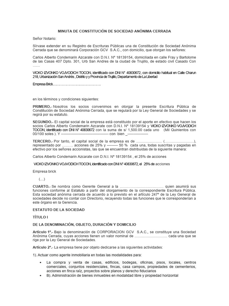 Minuta de Constitución de Sociedad Anónima Cerrada Nueva Empresa | PDF