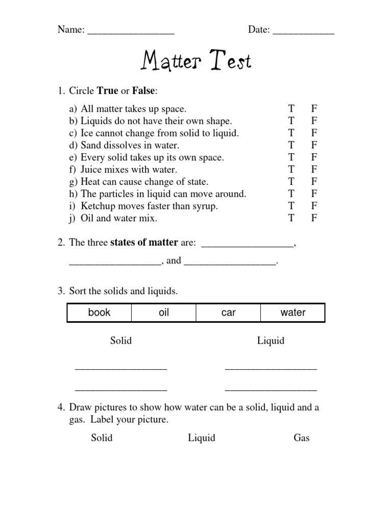 Matter Test and Activities Worksheet | PDF | Language Arts & Discipline ...