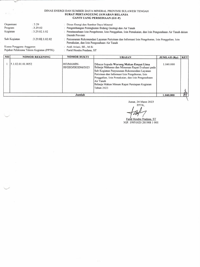 GU III - 4 02.02 Belanja Makan Dan Minum Rapat 003 Persiapan Kegiatan Tahun 2023 | PDF