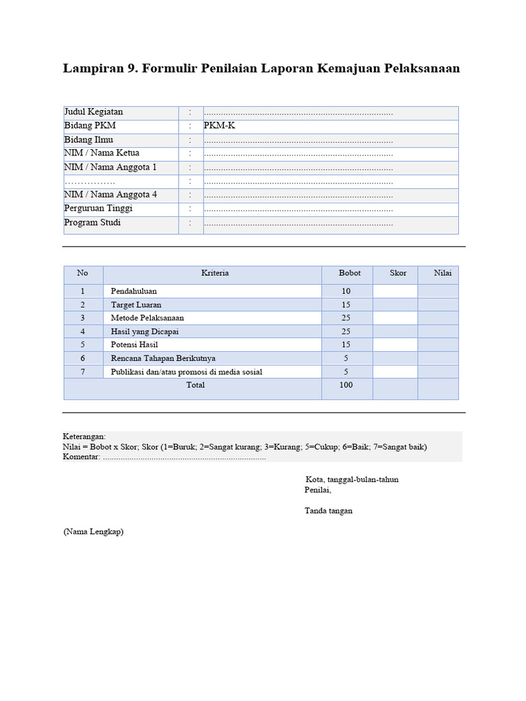 Lampiran 9. Formulir Penilaian Laporan Kemajuan Pelaksanaan | PDF
