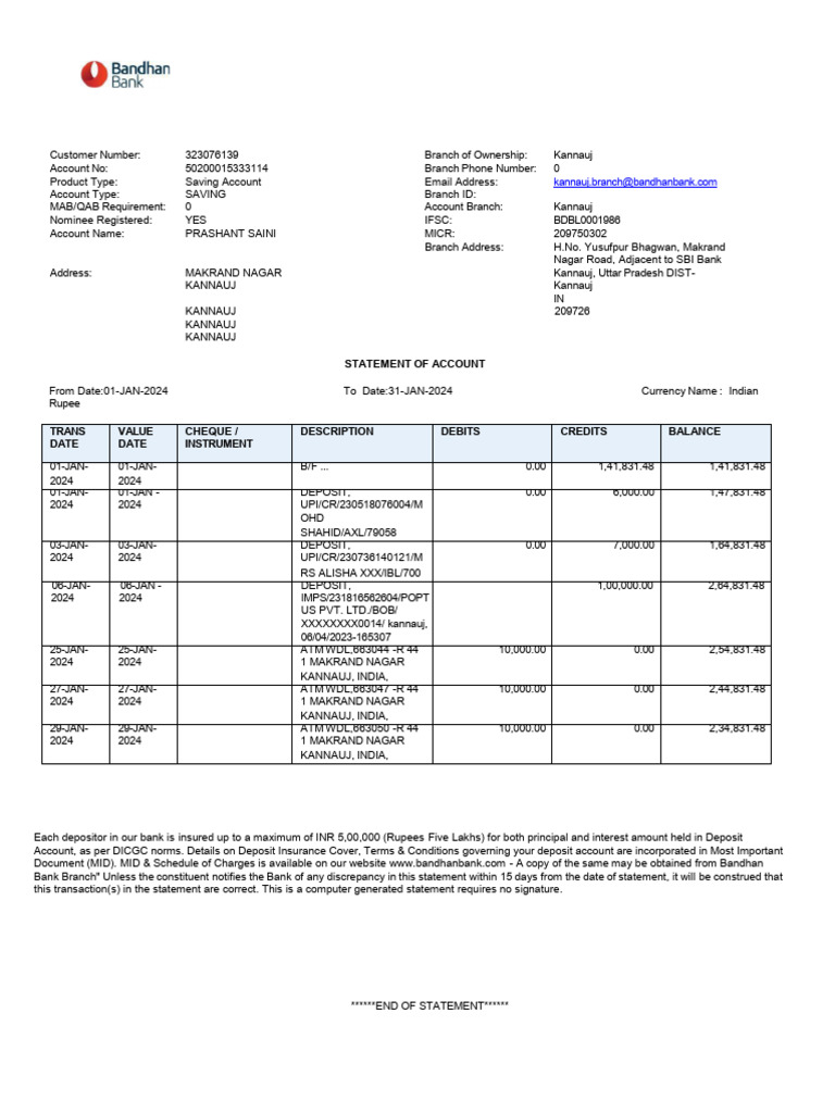 Bandhan Account Statement | PDF | Deposit Account | Banks