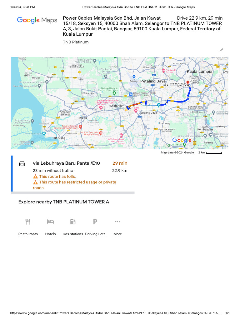 Power Cables Malaysia SDN BHD To TNB PLATINUM TOWER A - Google Maps | PDF