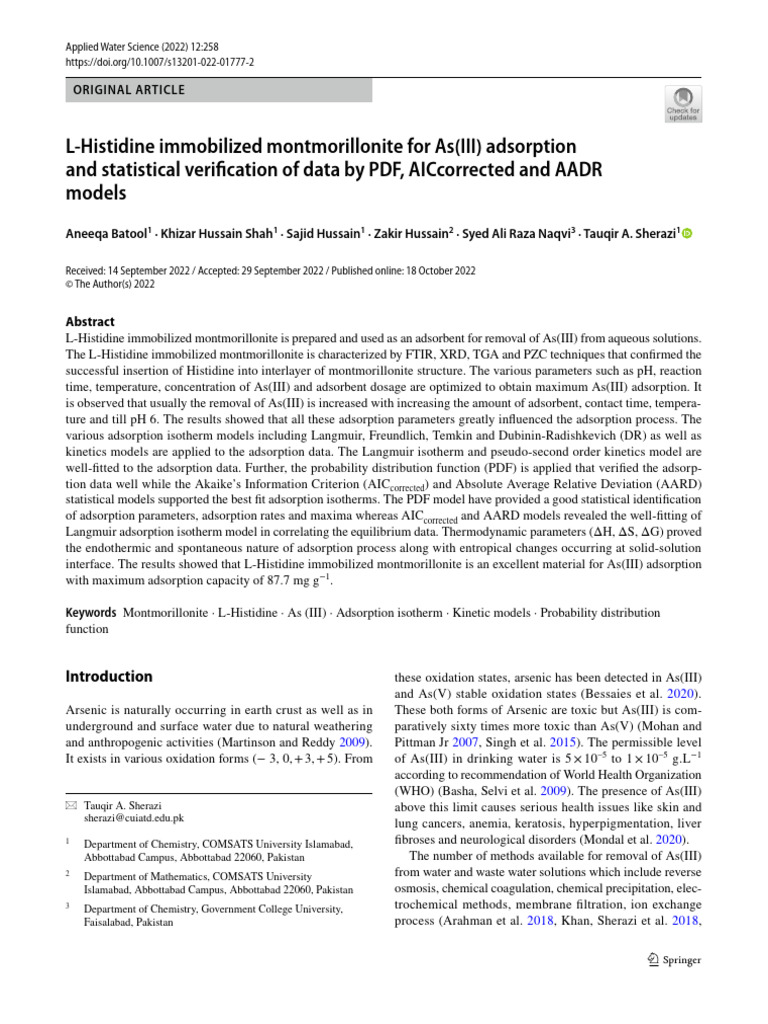L Histidine Immobilized Montmorillonite For As (Iii) Adsorption and Statistical Verification of ...
