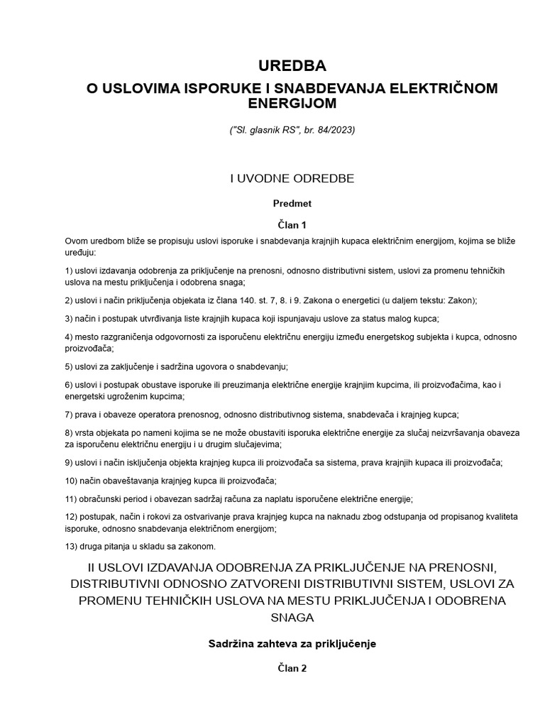 Uredba o Uslovima Isporuke I Snabdevanja Električnom Energijom | PDF