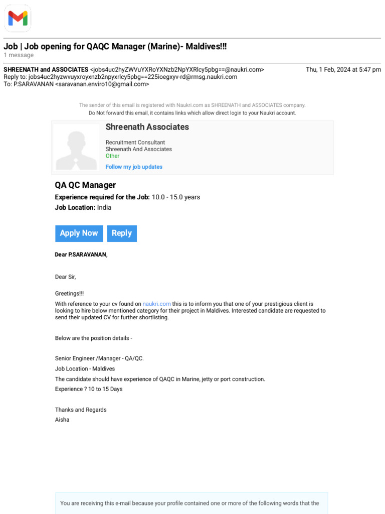 Gmail - Job - Job Opening For QAQC Manager (Marine) - Maldives!!! | PDF ...