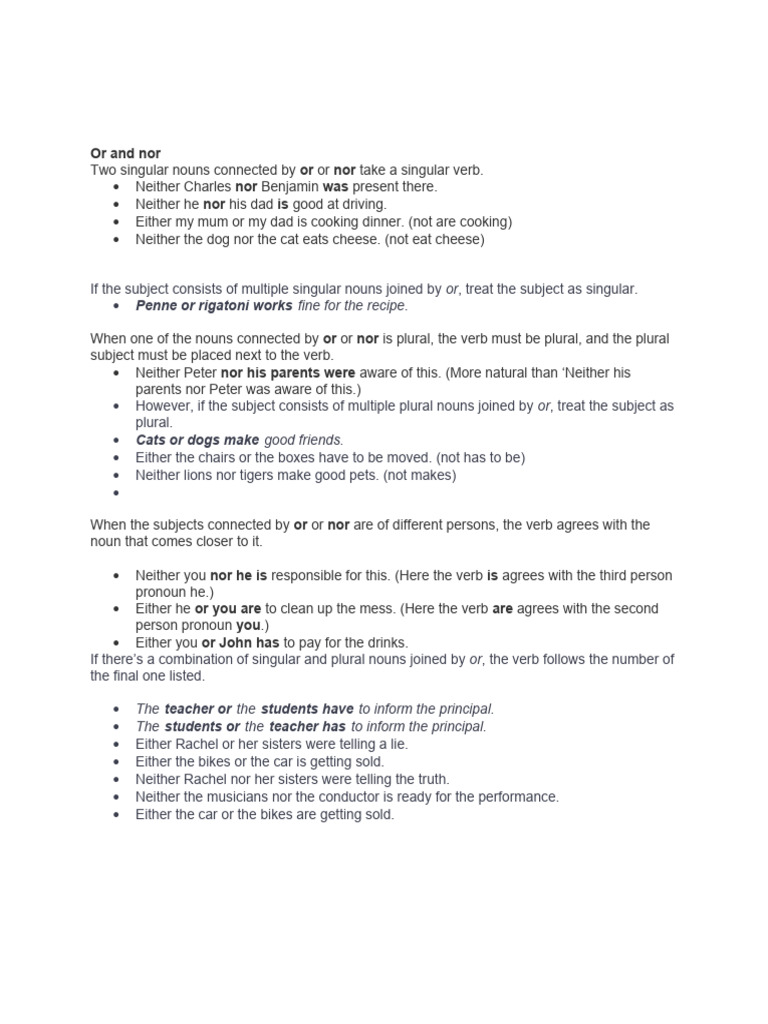 Or and Nor Subject Verb Agreement | PDF