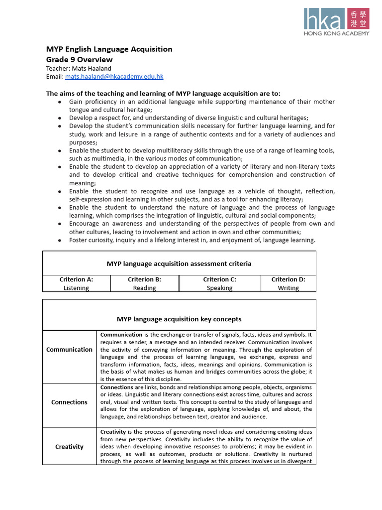 2023-2024 MYP Grade 9 English Language Acquisition | PDF | Creativity ...