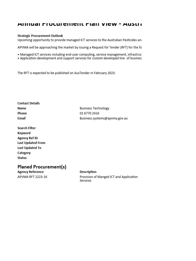 AusTender Annual Procurement Plan View - 20230929 - 124725 | PDF