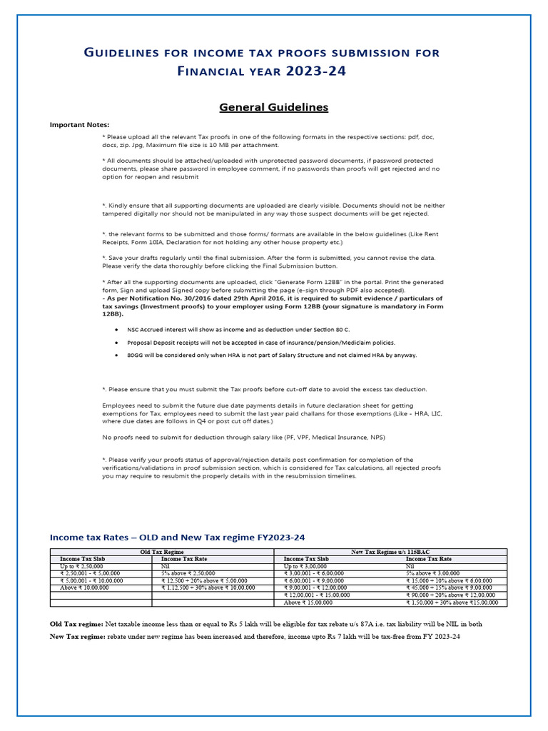 Income Tax Proof Submission Guidelines 2023-24 | PDF | Loans | Insurance