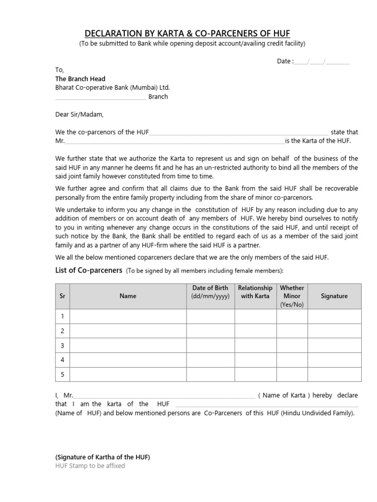 HUF Declaration For Account Opening | PDF