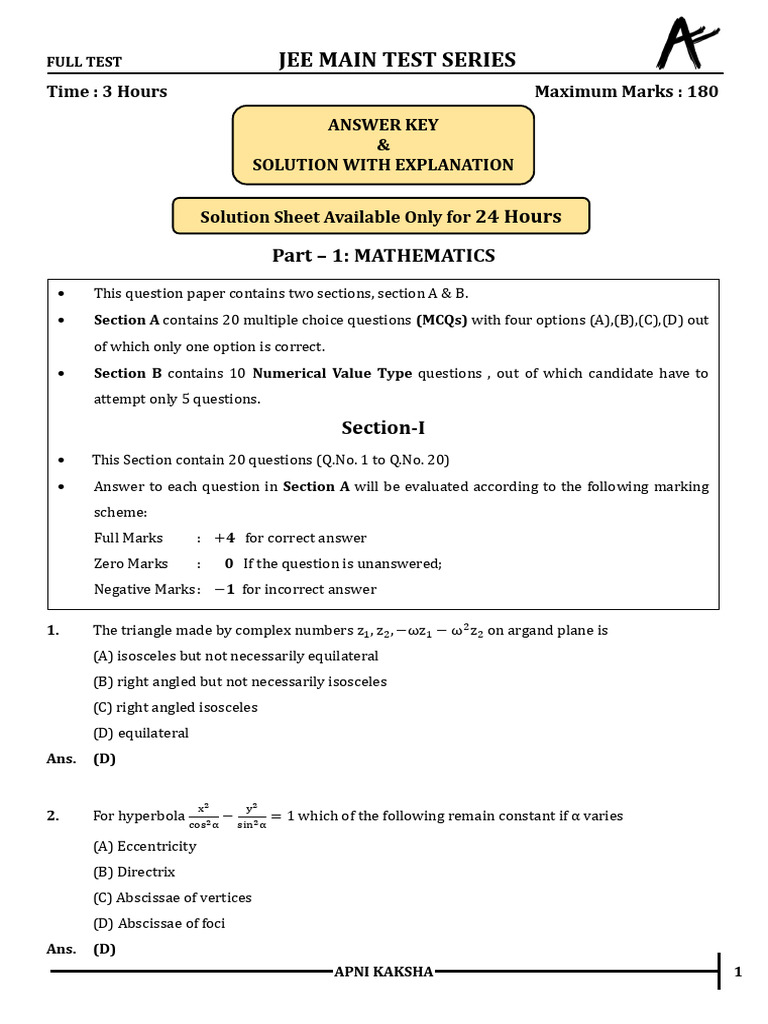 Answer Key & Solution Explanation, JEE Main Test Series, 14 Jan 2023 ...