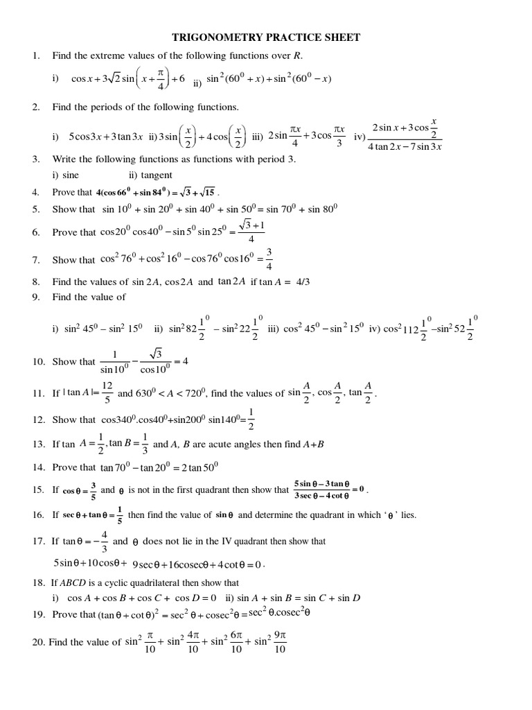 Trigonometry Practice Sheet 4th Jan Pdf Trigonometric Functions Mathematical Relations