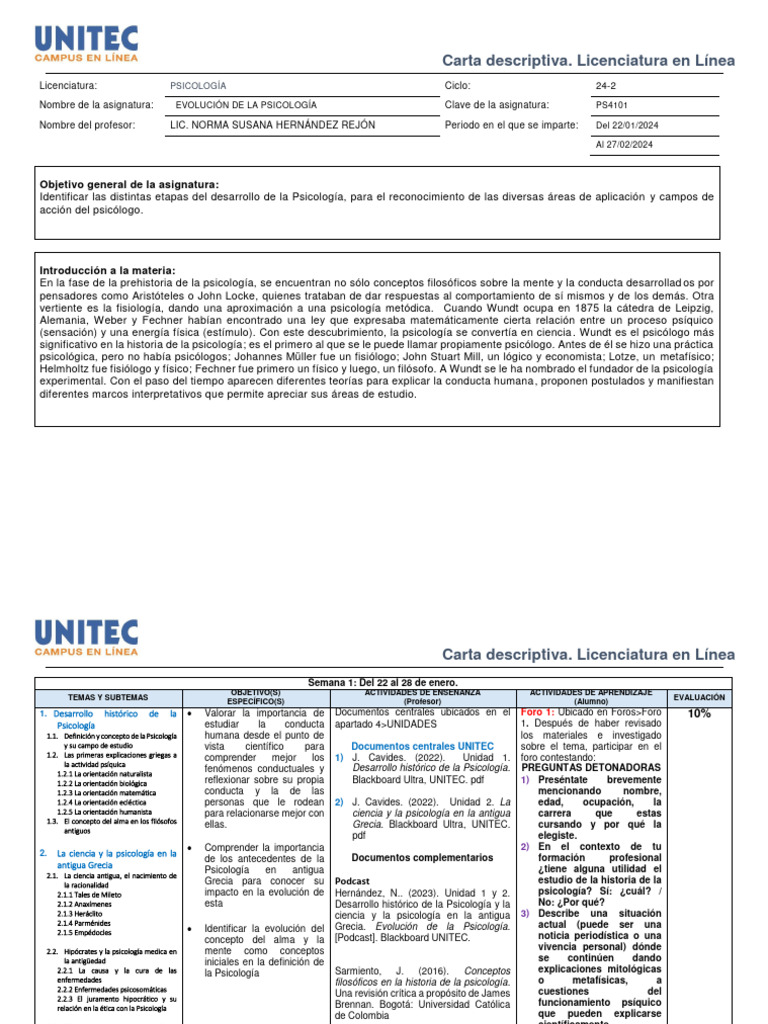 Carta Descriptiva - Evolucion de La Psicologia. UNITEC 24-2 | PDF