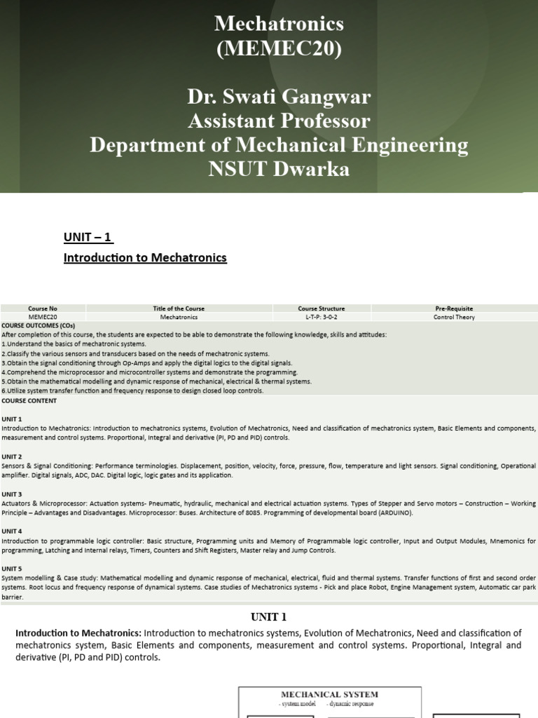 Introduction to Mechatronics Course Overview | PDF