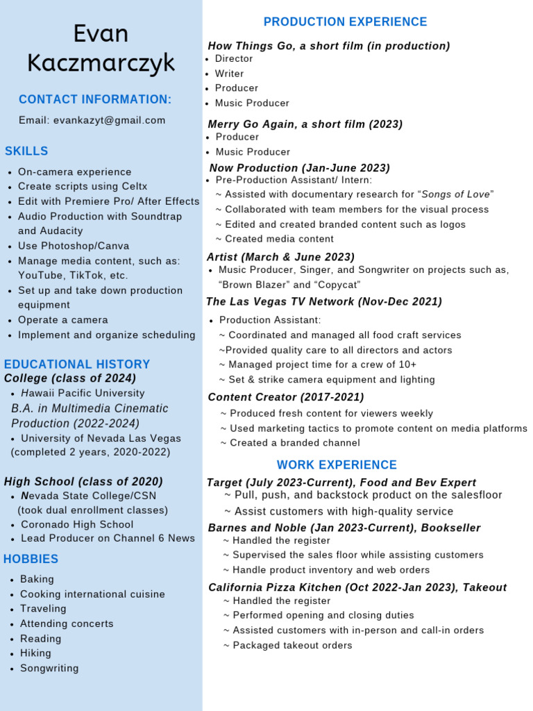 Evan Kazs 2024 Resume | PDF | Mass Media