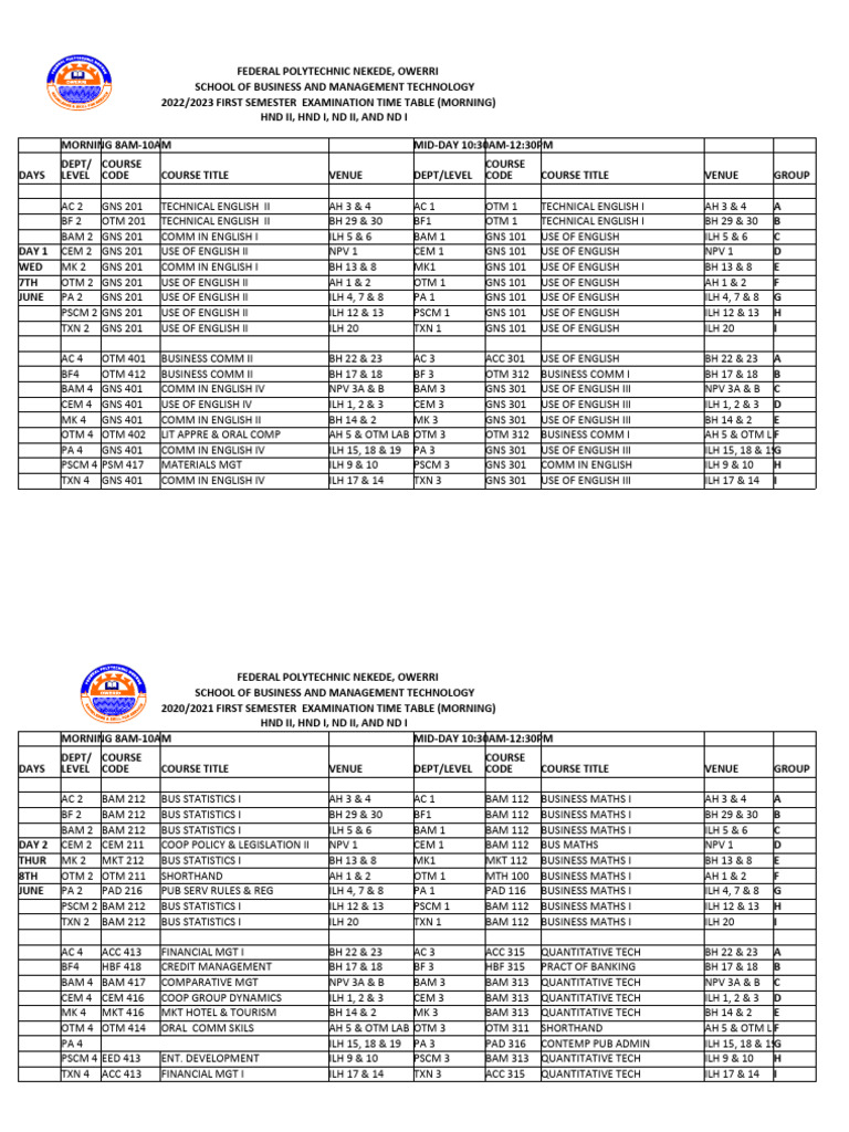 Sbmt Exam Timetable 1st Sem 2022-2023 | PDF